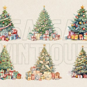 Vintage Christmas Tree Watercolor Clipart, Lady Decorating Christmas ...