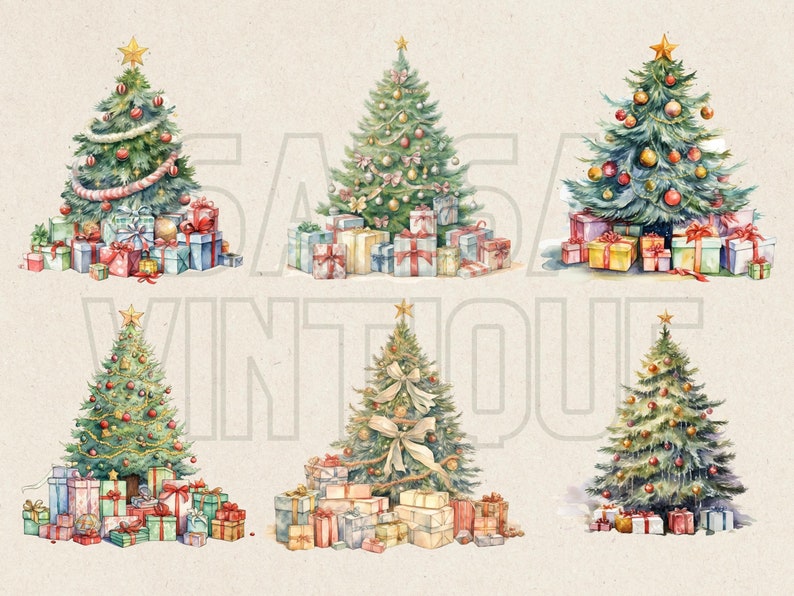 Vintage Christmas Tree Watercolor Clipart, Lady Decorating Christmas ...