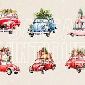 Christmas Car Watercolor Clipart, Vintage Car Carrying Festive Present ...
