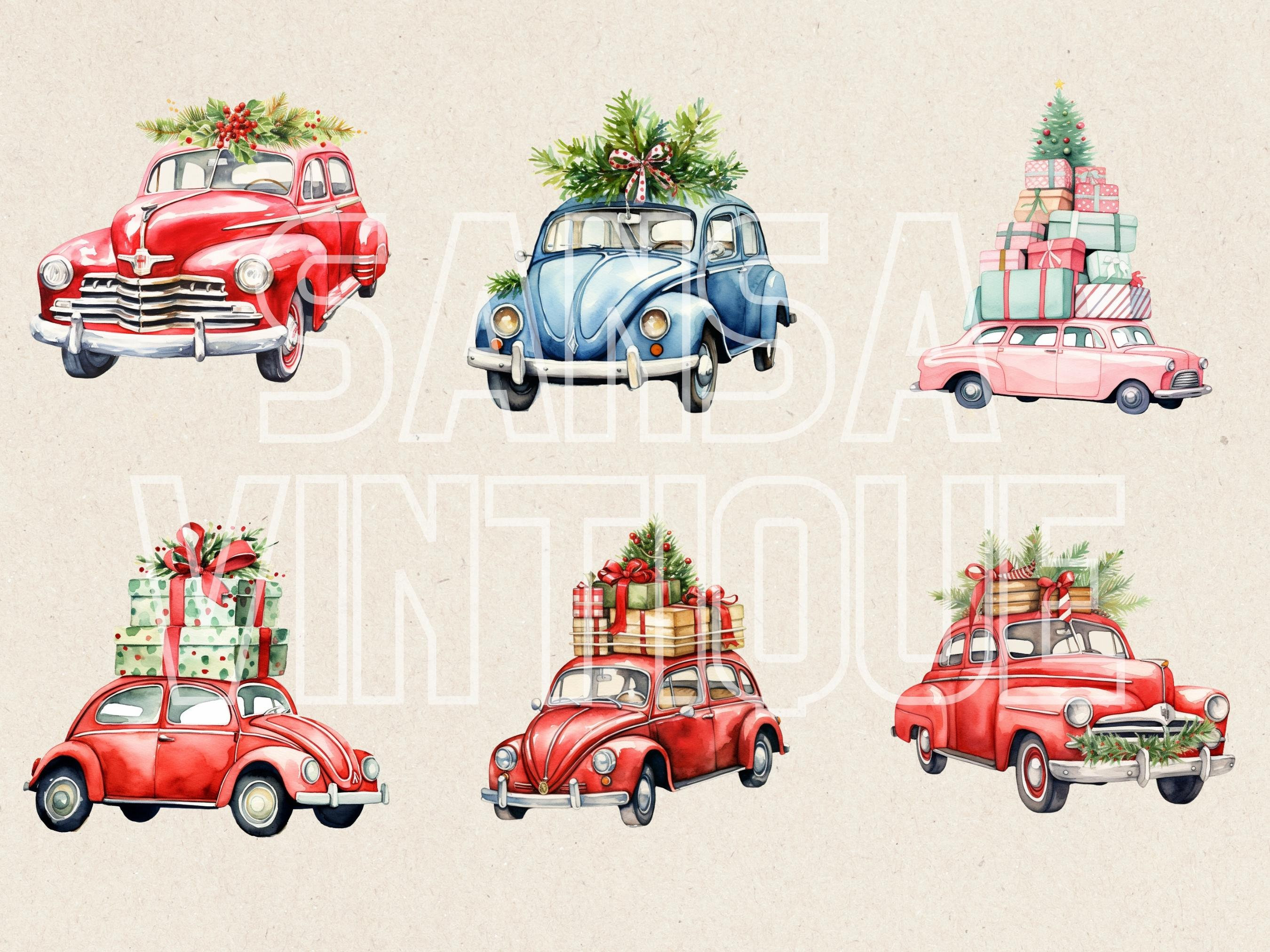 Christmas Car Watercolor Clipart, Vintage Car Carrying Festive Present ...