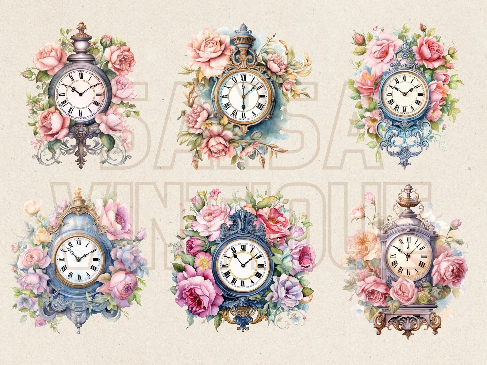 Vintage Floral Clock Watercolor Clipart, Classic Flower Clock Free ...