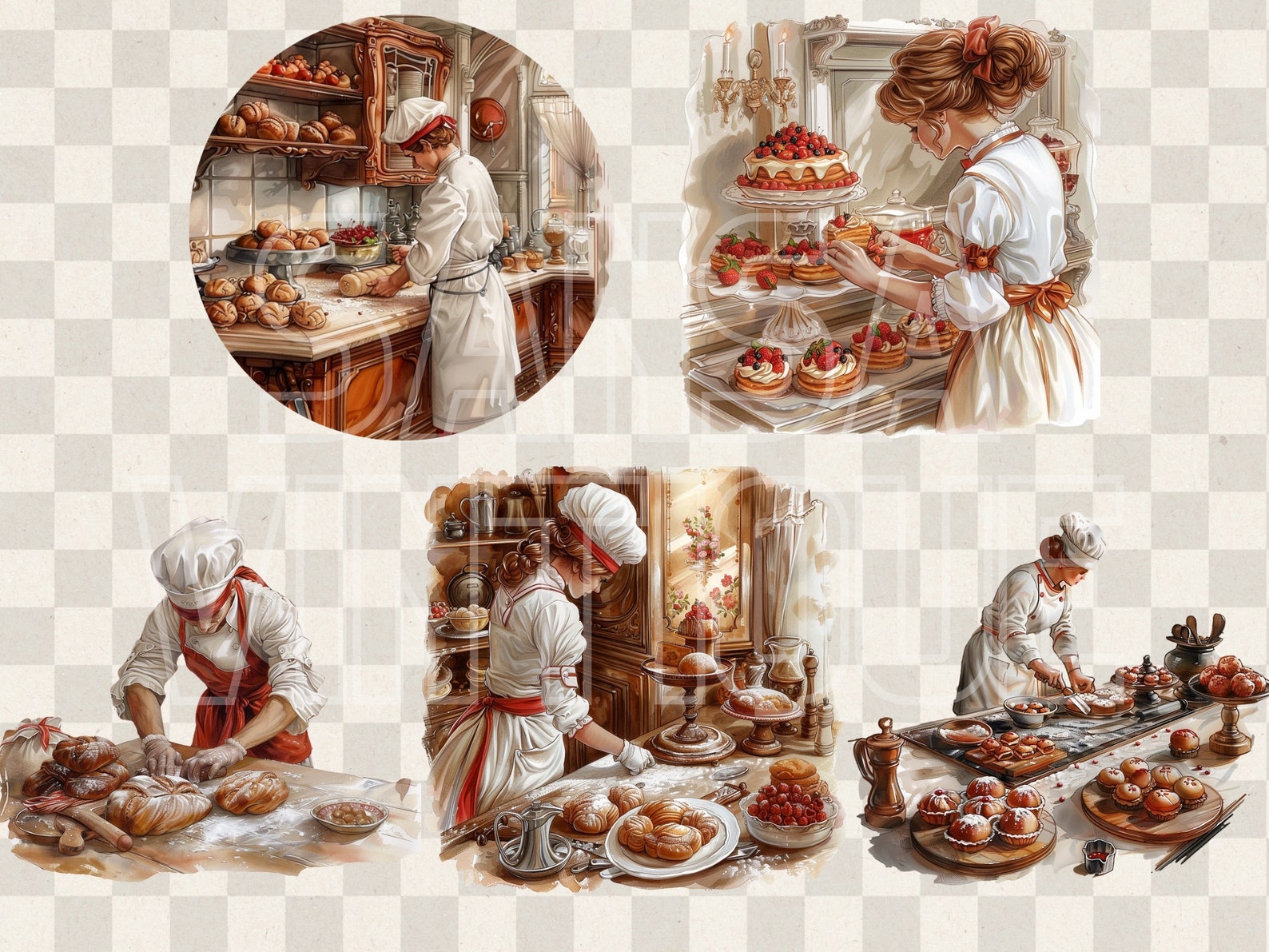 Vintage Bakery Shop Scene Watercolor Clipart, Retro Pastry Chef Free Commercial PNG, Baking ...