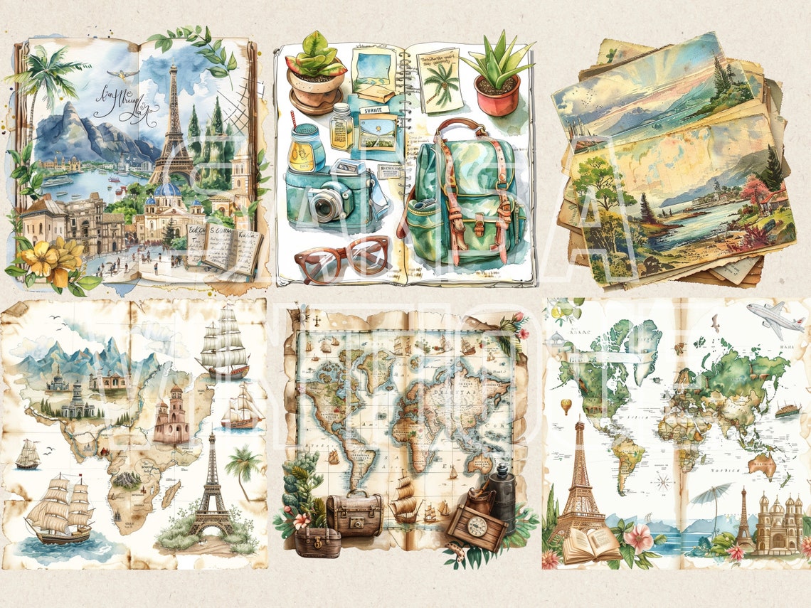 Vintage Trip Watercolor Clipart, Retro Lady Travel Free Commercial PNG ...