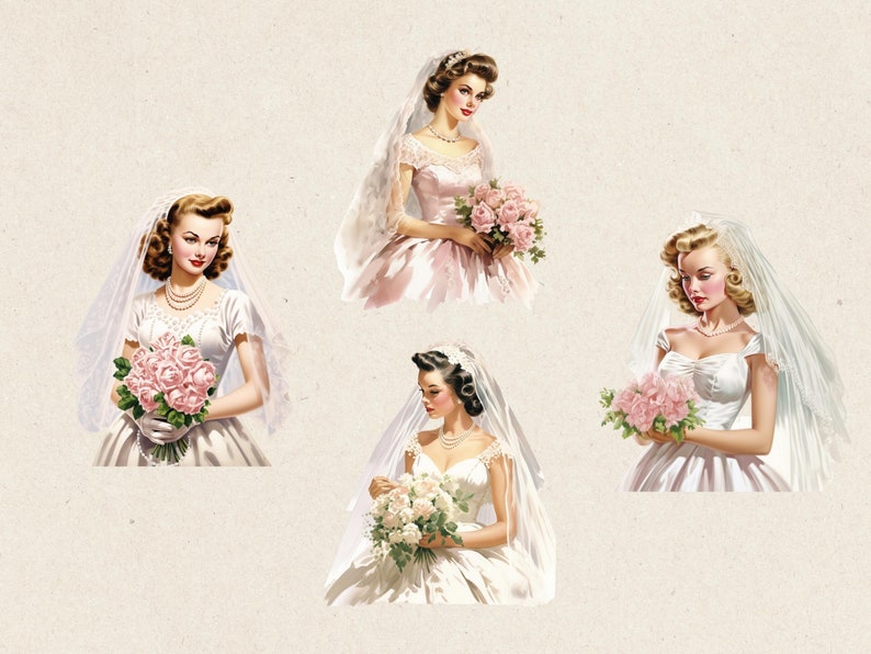 Retro Bride Watercolor Clipart, Vintage Wedding Free Commercial PNG Set ...