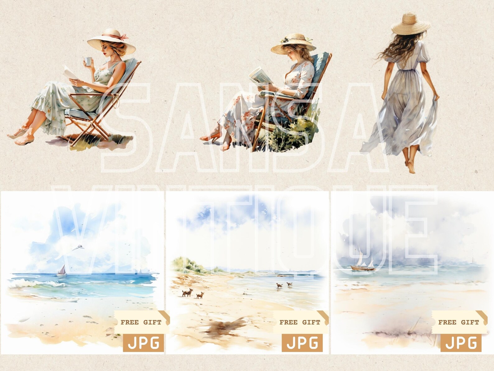 Vintage Beach Scene Watercolor Clipart Bundle, Seaside Relaxation Free ...