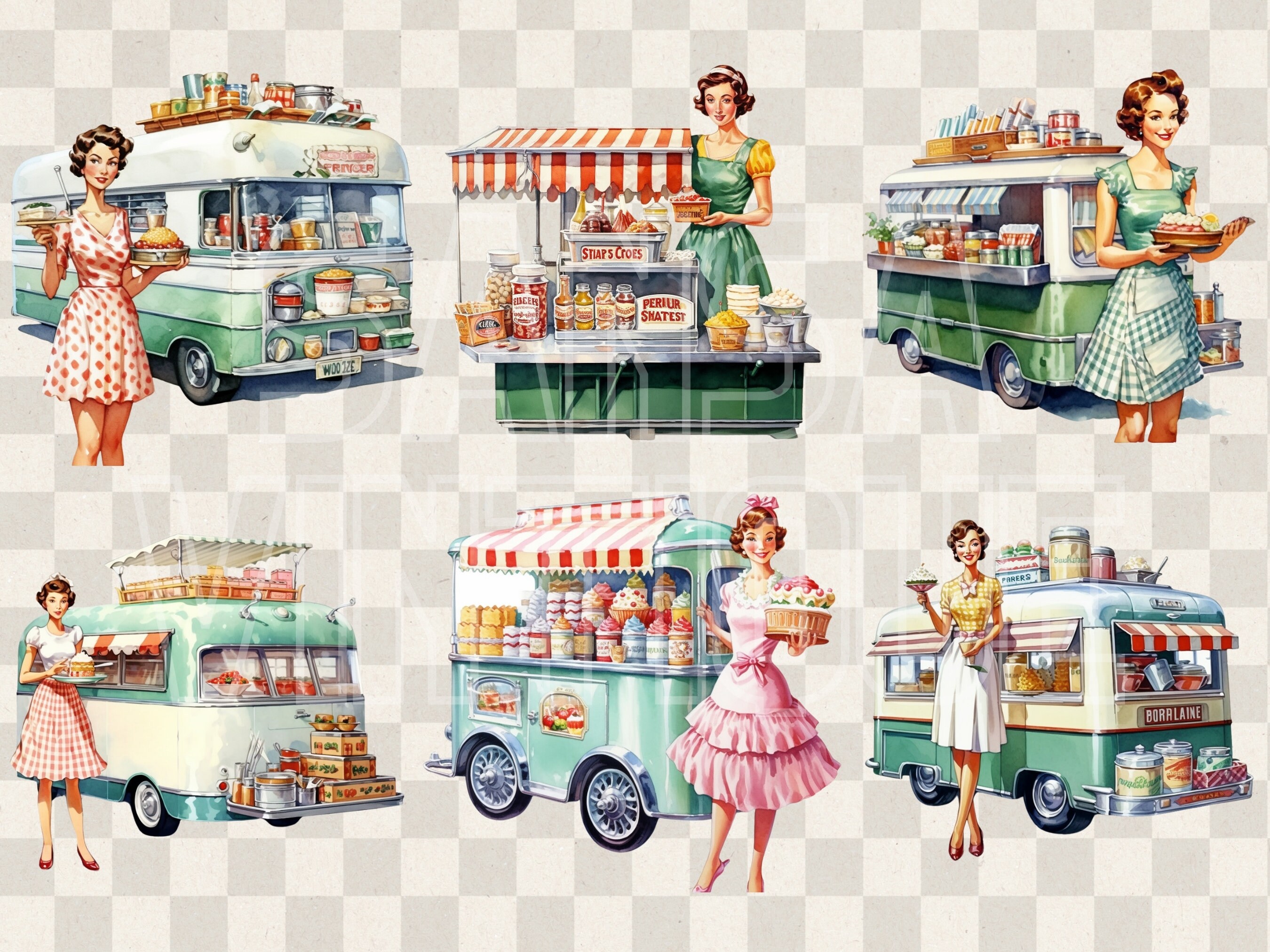 Retro Woman and Food Tray Watercolor Clipart Set, Vintage 50s Catering ...