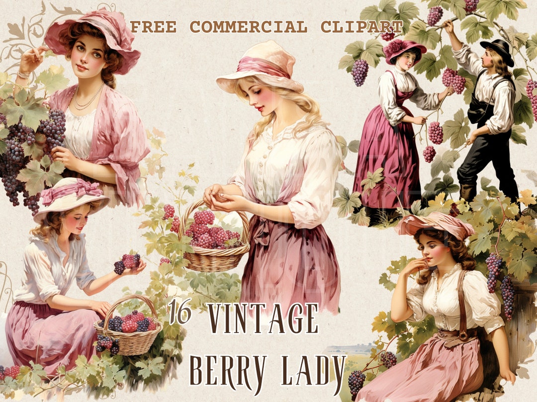 Vintage Berry Lady Watercolor Clipart, Classic Berry Picking Free ...