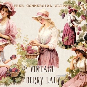 Vintage Berry Lady Watercolor Clipart, Classic Berry Picking Free ...