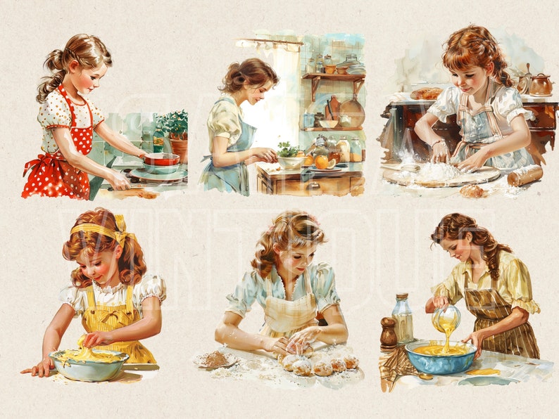 Vintage Girl Cooking in the Kitchen Watercolor Clipart, Retro Lady ...