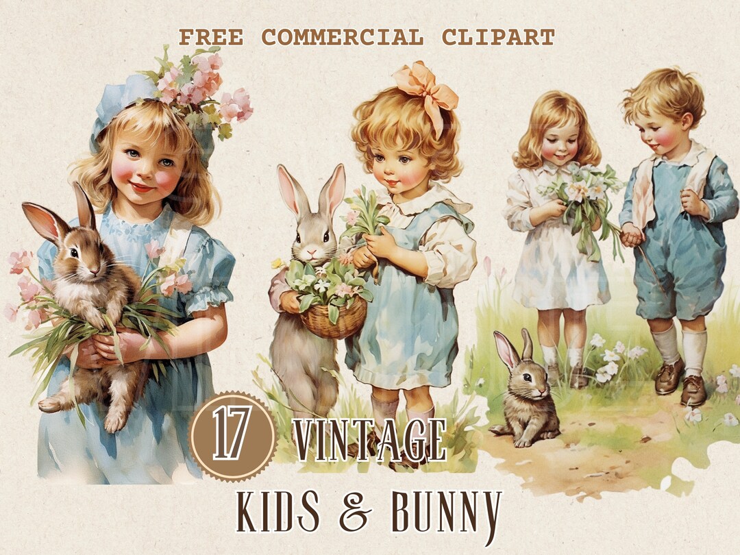 Vintage Children and Bunny Watercolor Clipart, Kids and Rabbit Free ...