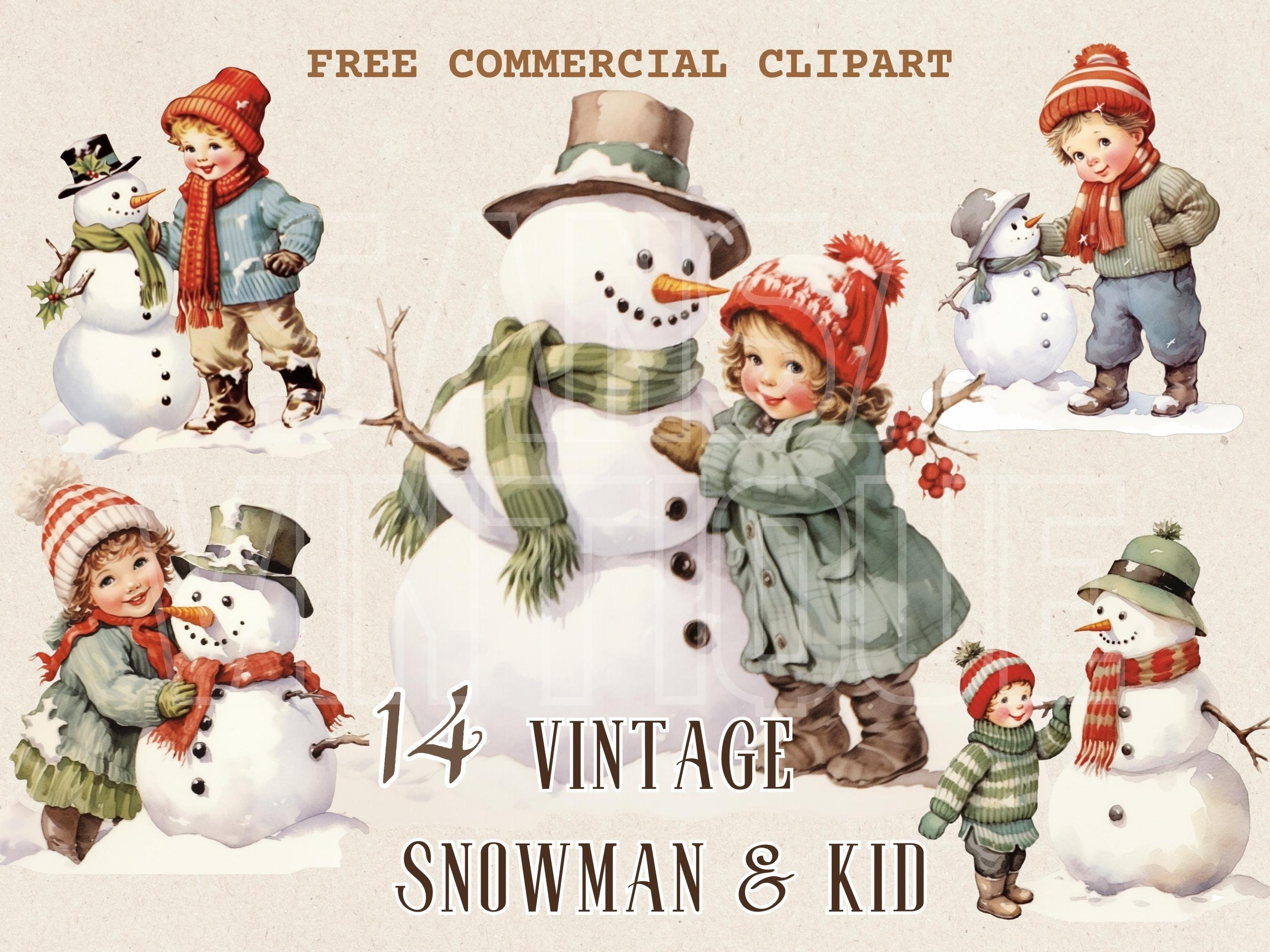 Vintage Snowman and Kid Watercolor Clipart, Christmas Free Commercial ...