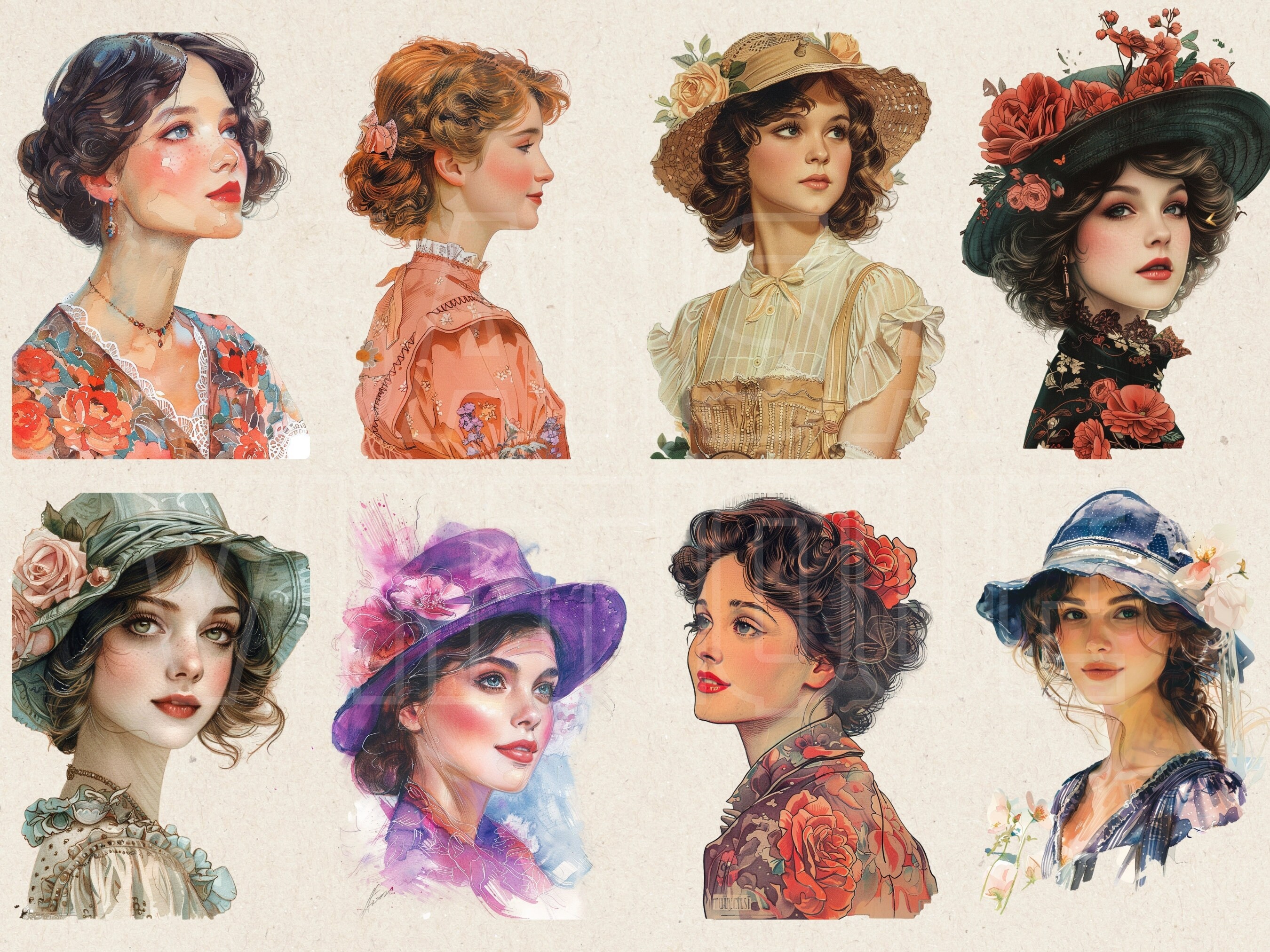 Vintage Girl Watercolor Clipart, Retro Pretty Woman Free Commercial PNG ...