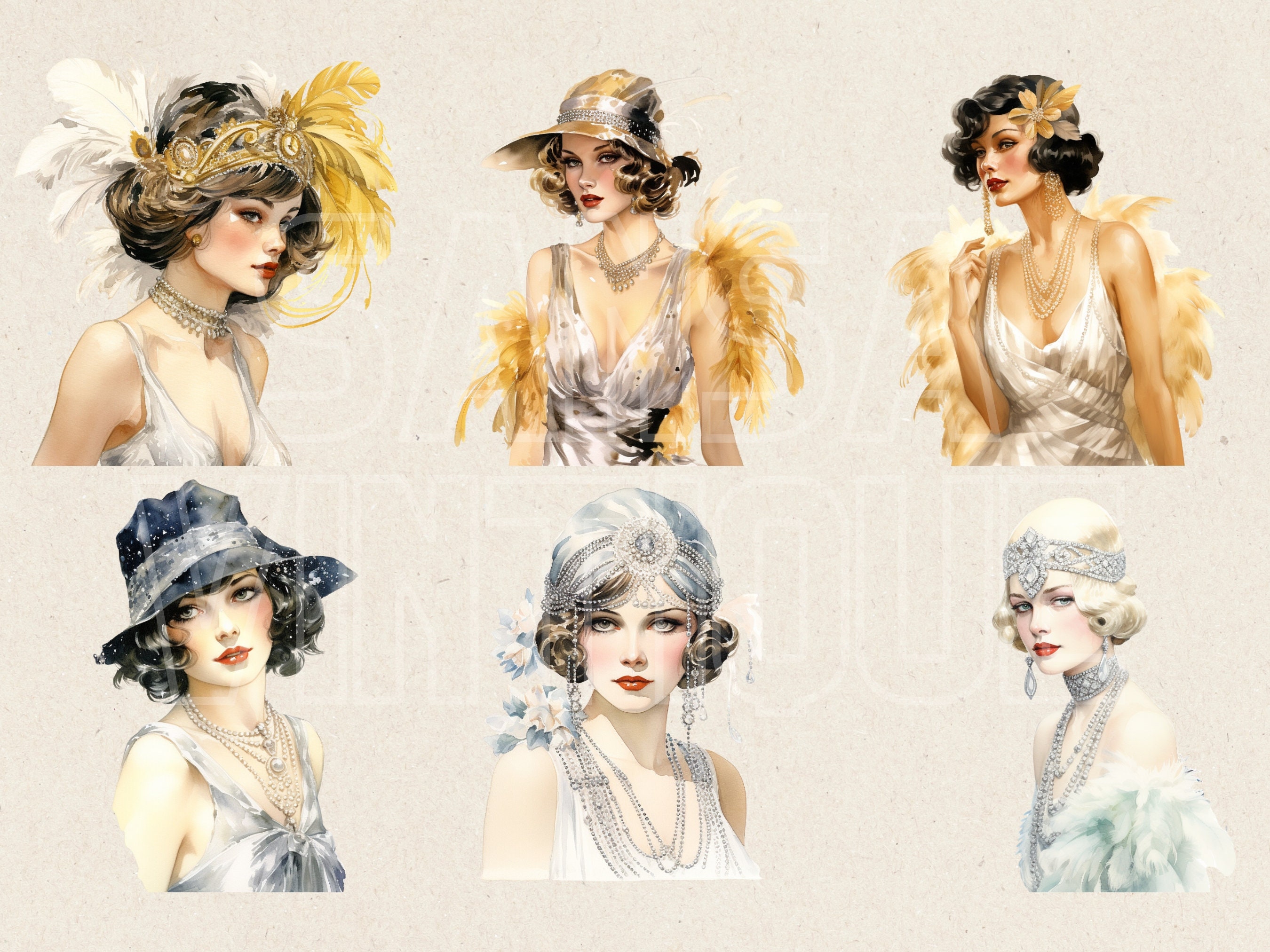 Retro Lady Watercolor Clipart, Gastby Woman Free Commercial PNG Set ...
