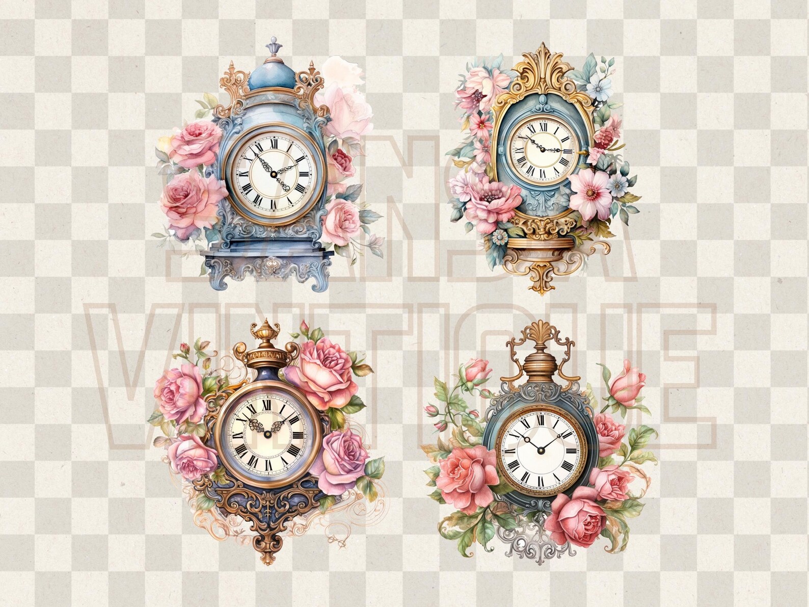 Vintage Floral Clock Watercolor Clipart, Classic Flower Clock Free ...