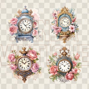 Vintage Floral Clock Watercolor Clipart, Classic Flower Clock Free ...