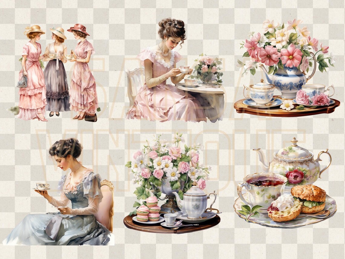 Vintage Tea Party Watercolor Clipart, Retro Tea Set Free Commercial PNG ...