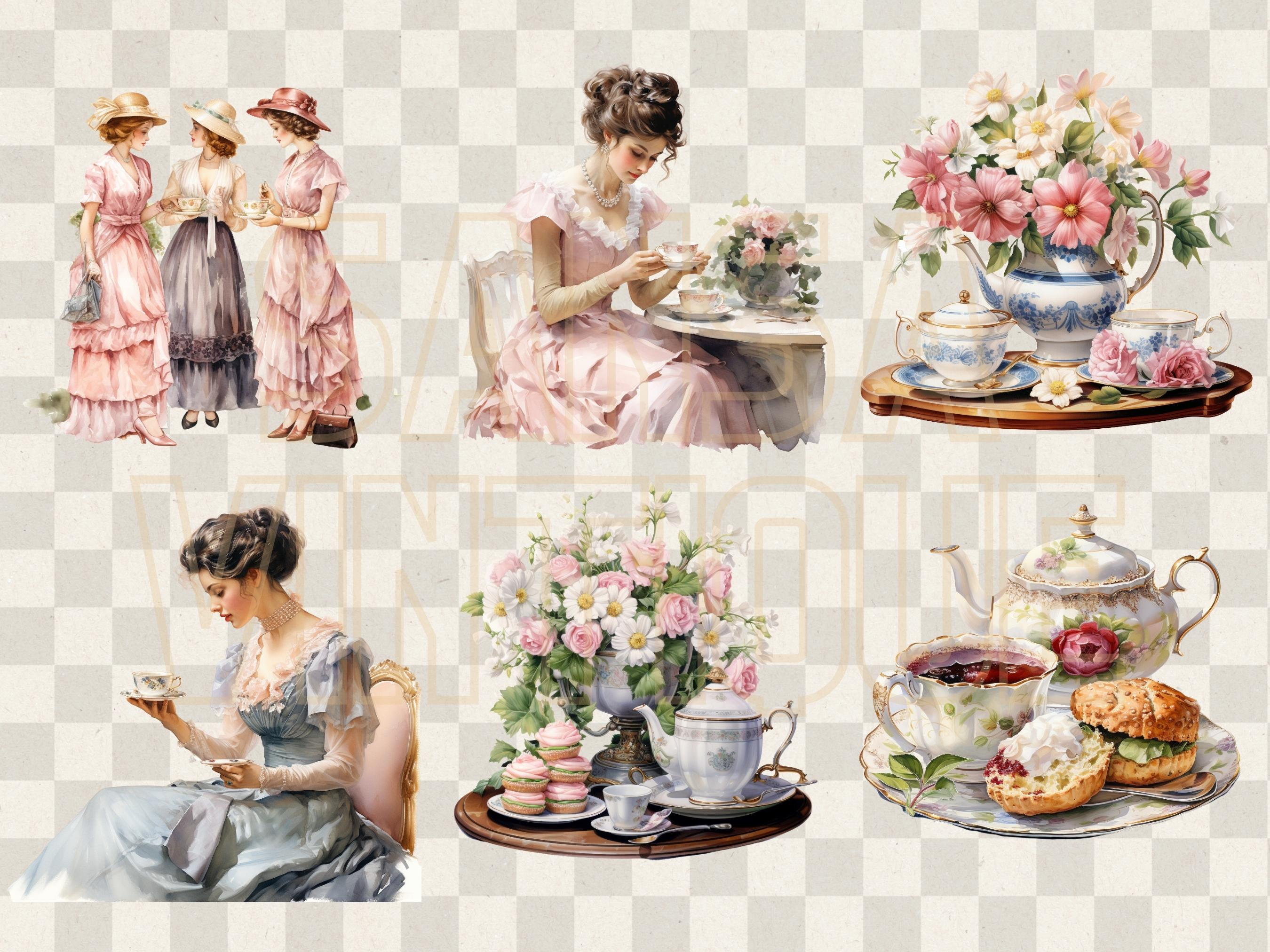 Vintage Tea Party Watercolor Clipart, Retro Tea Set Free Commercial PNG ...