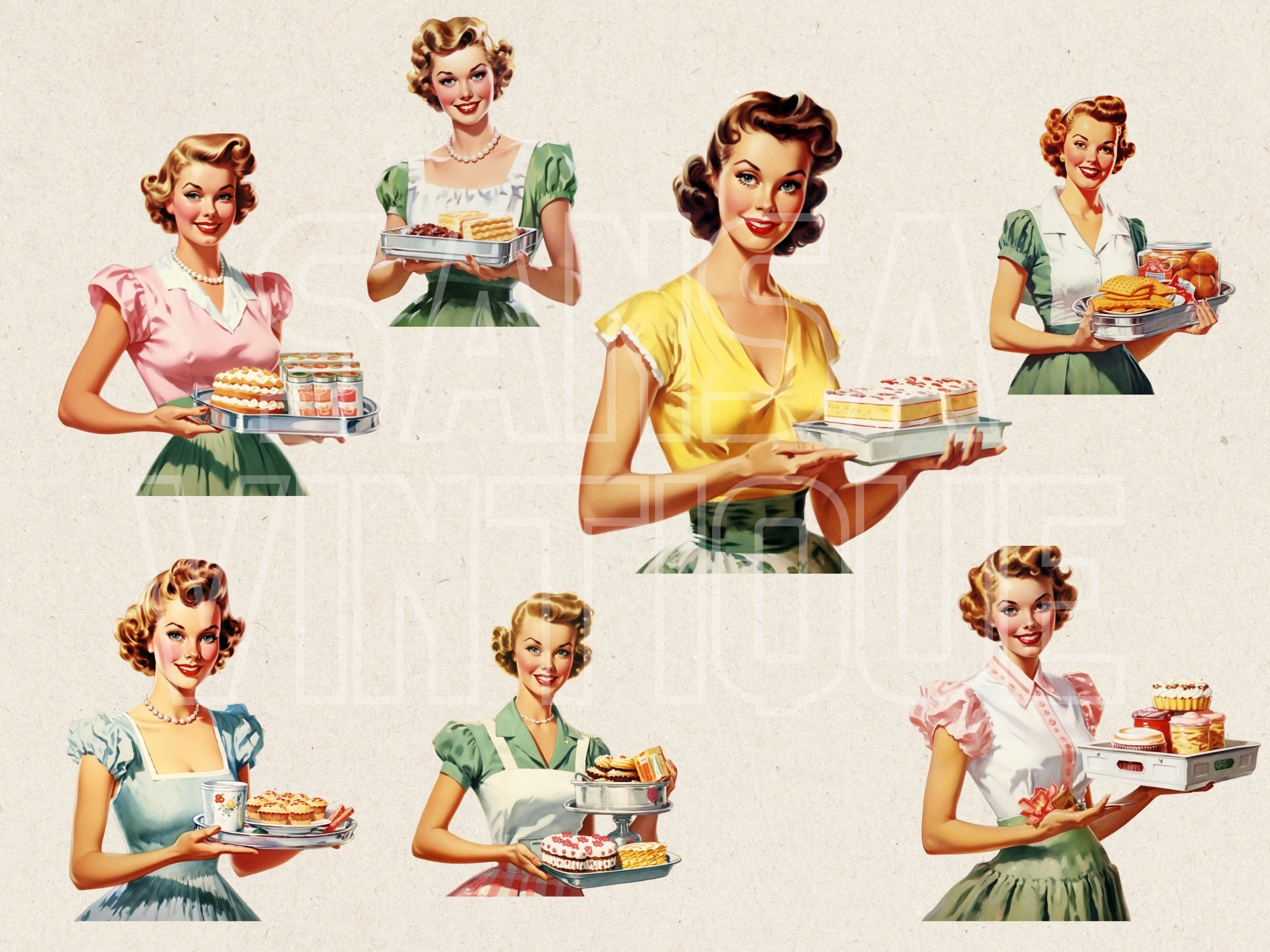 Retro Woman and Food Tray Watercolor Clipart Set, Vintage 50s Catering ...