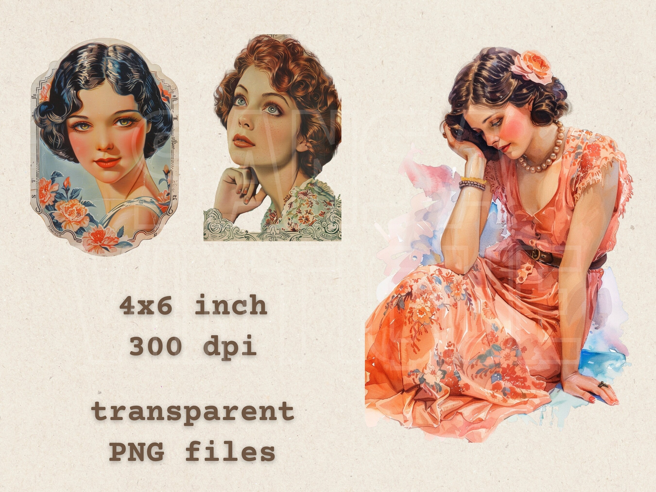 Vintage Girl Watercolor Clipart, Retro Pretty Woman Free Commercial PNG ...