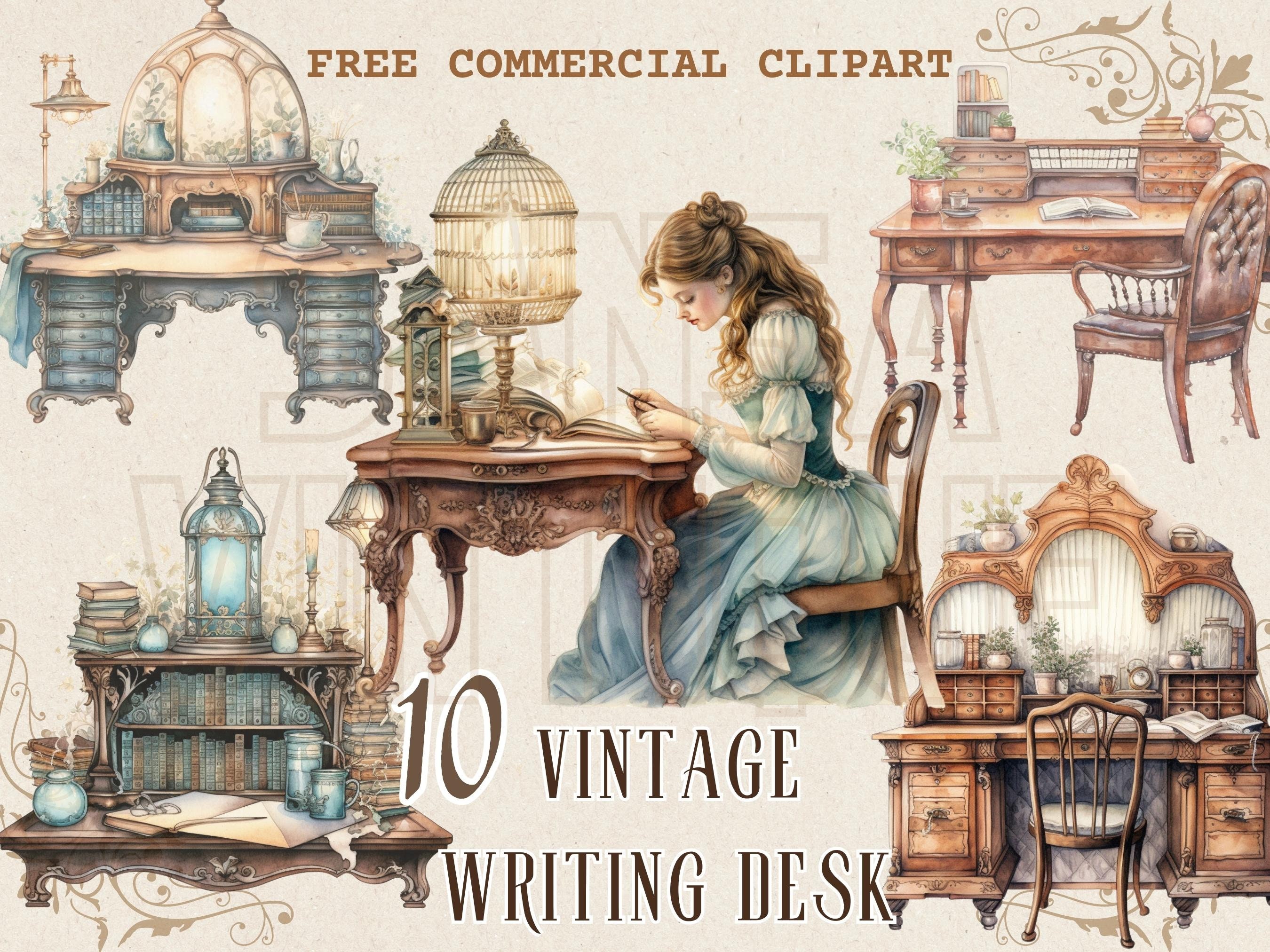 Vintage Writing Desk Watercolor Clipart, Retro Lady Writing Scene by ...