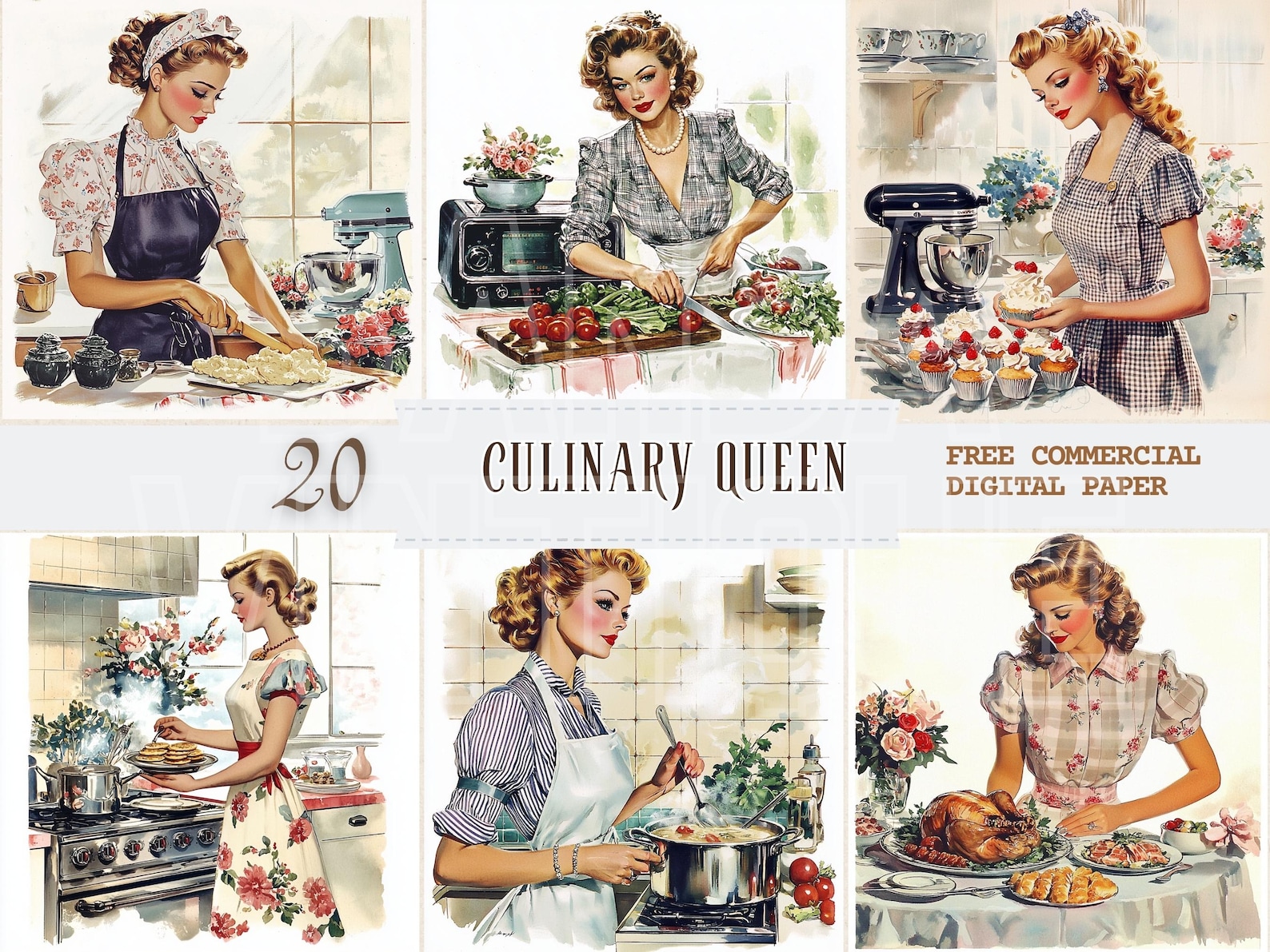 Vintage Woman Cooking 1950s Watercolor Clipart, Retro Cooking Scene ...
