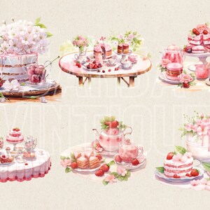 Dessert, Strawberry Cake and Tea Watercolor Clipart, Cherry Cake Free ...