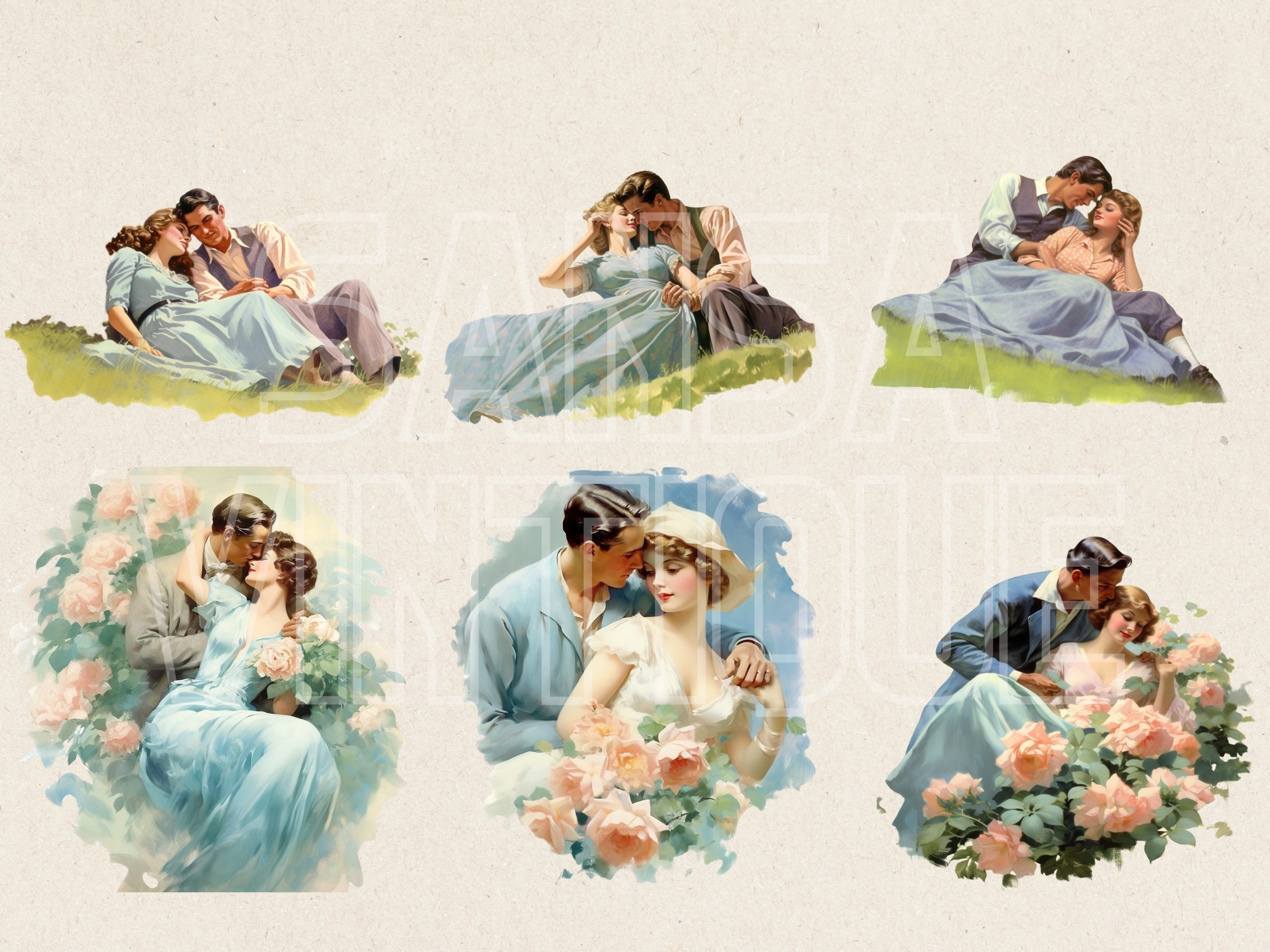 Vintage Floral Couple Watercolor Clipart, Retro Romance Free Commercial ...