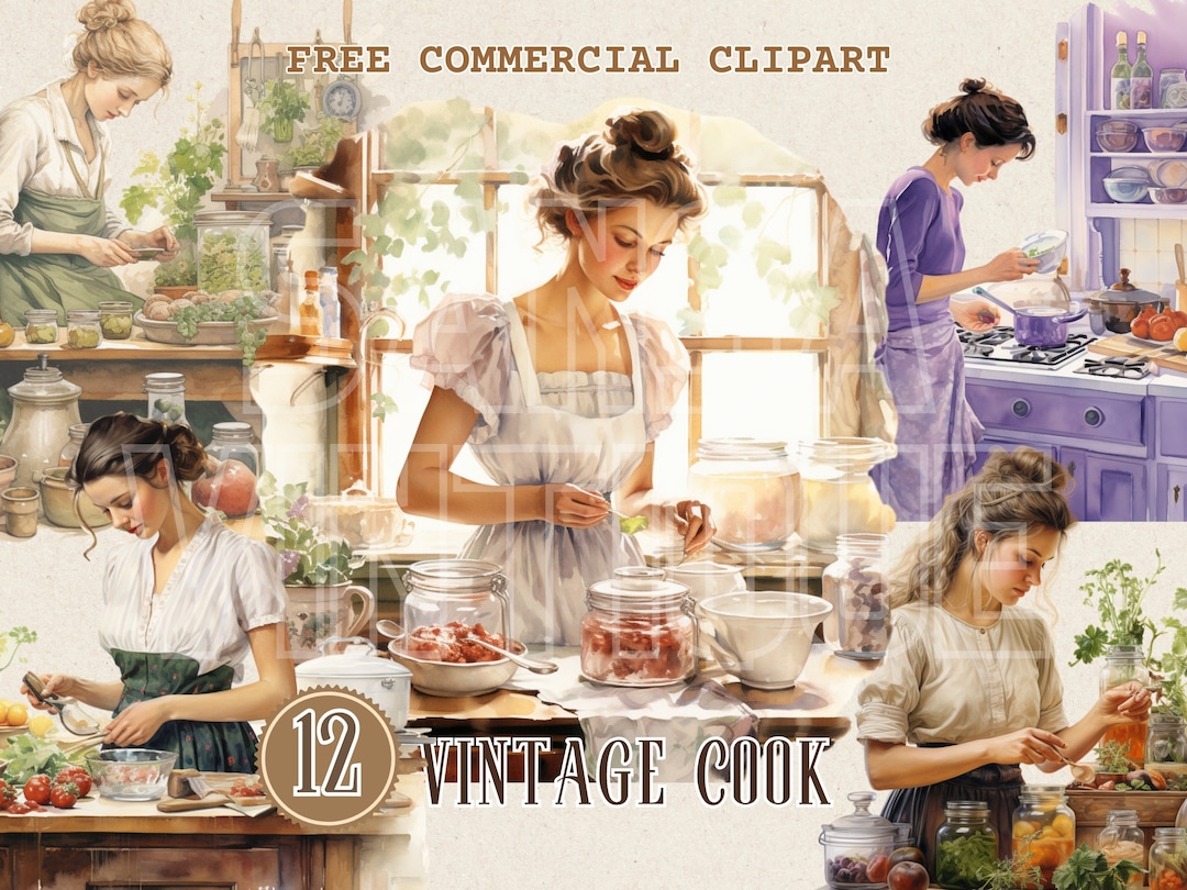 Retro Woman Cooking Watercolor Clipart, Vintage Culinary Scene Free ...