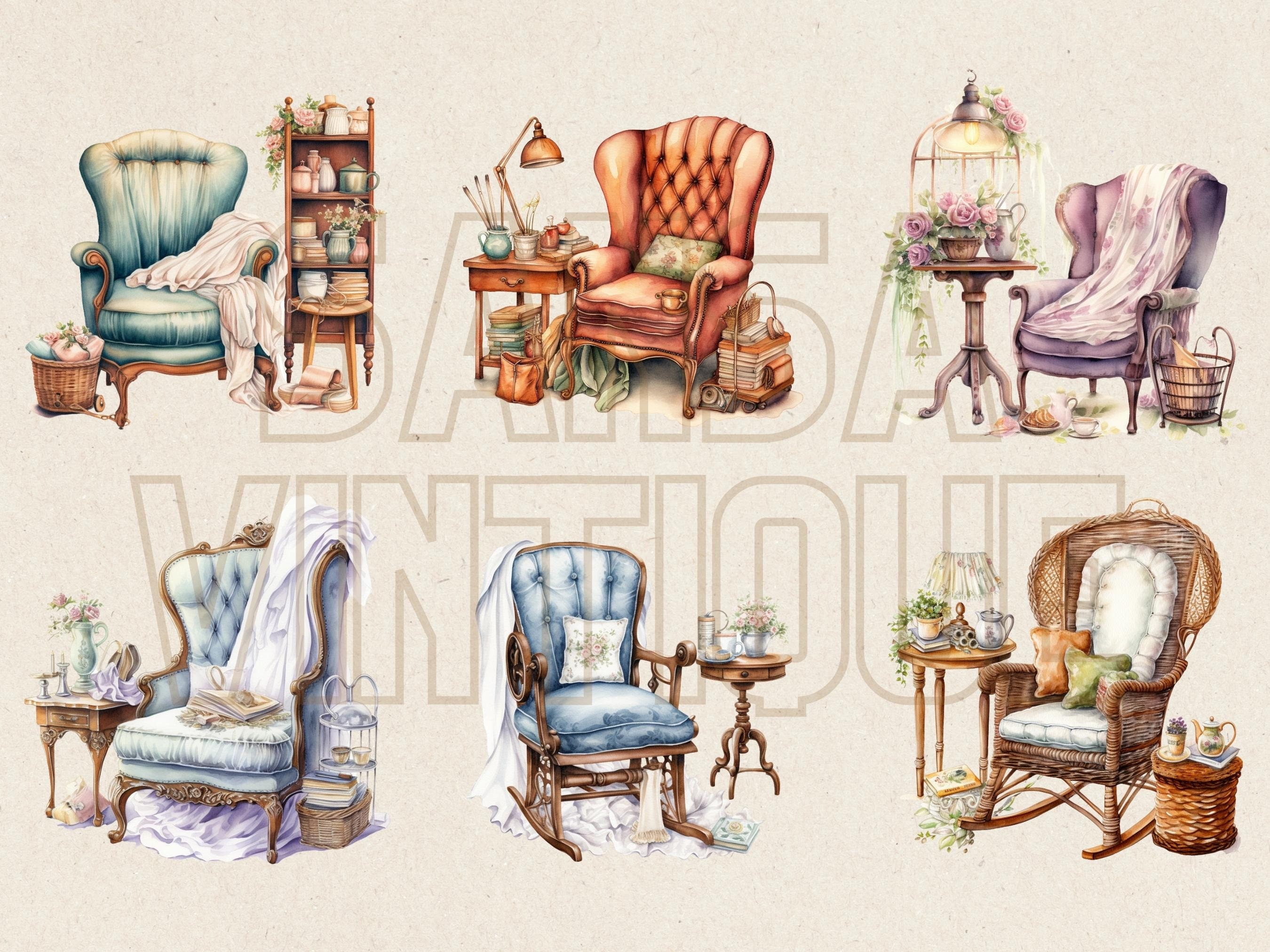 Vintage Cozy Armchair Watercolor Clipart, Retro Cozy Seating Free ...