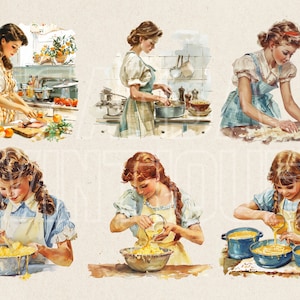 Vintage Girl Cooking in the Kitchen Watercolor Clipart, Retro Lady ...
