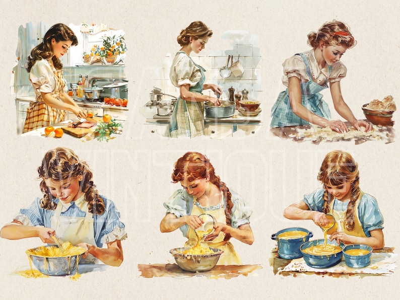 Vintage Girl Cooking in the Kitchen Watercolor Clipart, Retro Lady ...