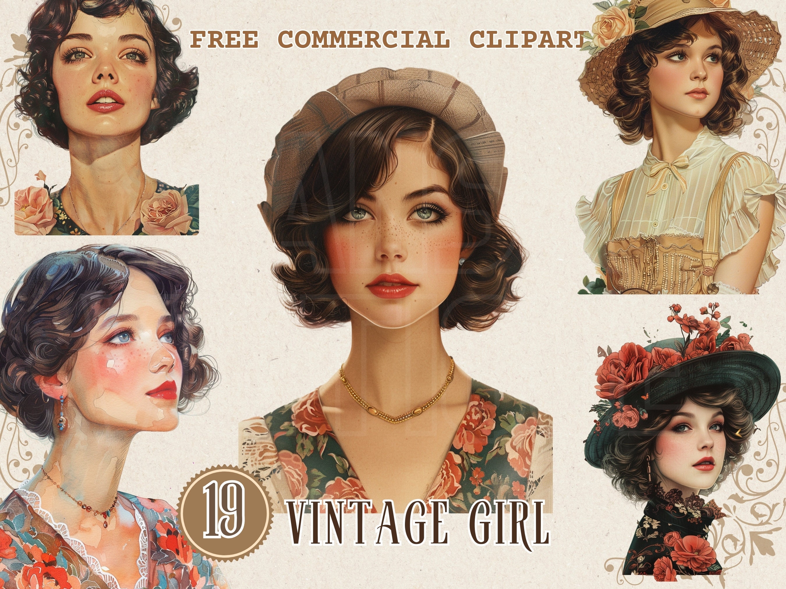 Vintage Girl Watercolor Clipart, Retro Pretty Woman Free Commercial PNG ...