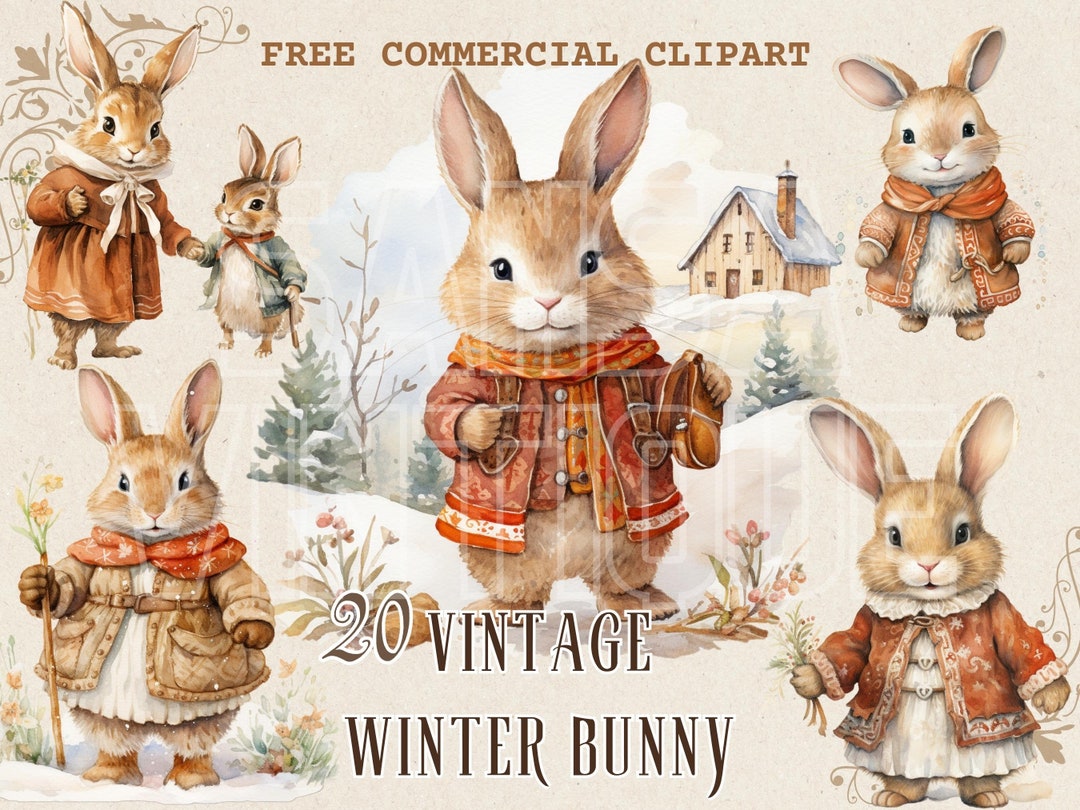 Vintage Winter Bunny Watercolor Clipart, Retro Rabbit in Christmas ...
