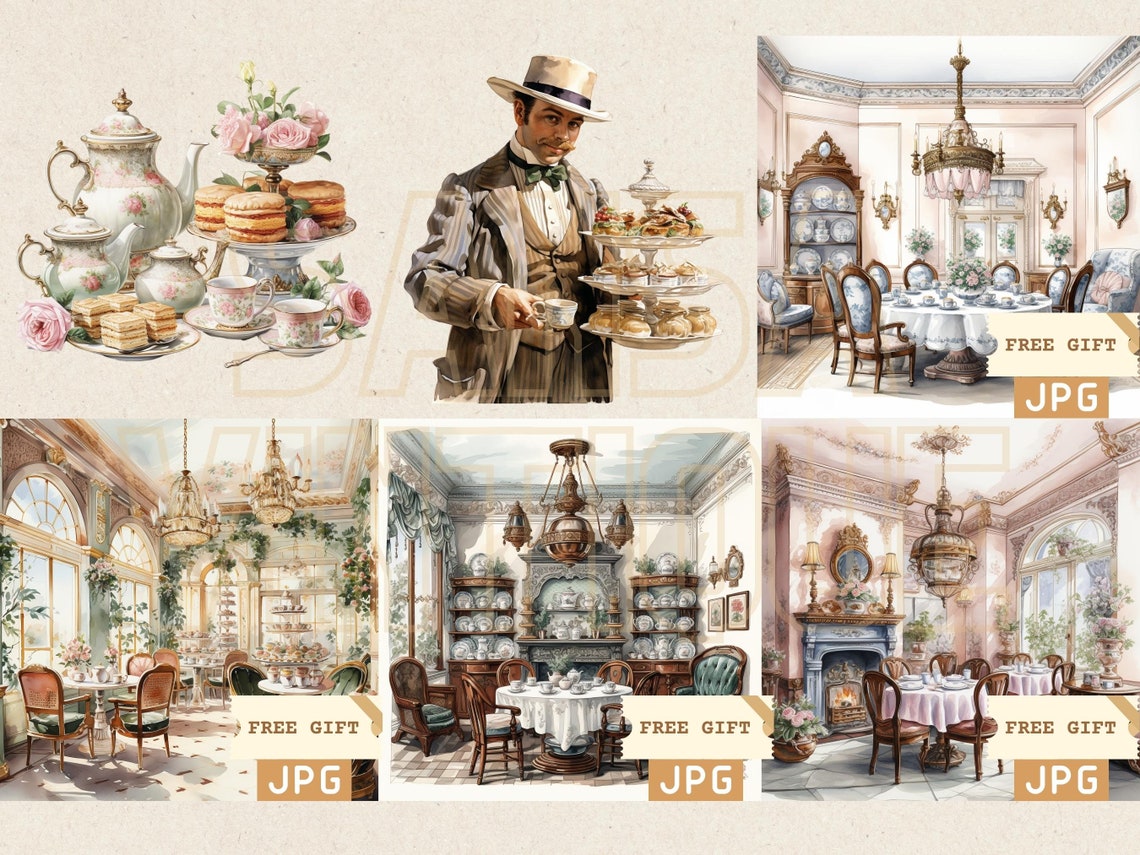 Vintage Tea Party Watercolor Clipart, Retro Tea Set Free Commercial PNG ...