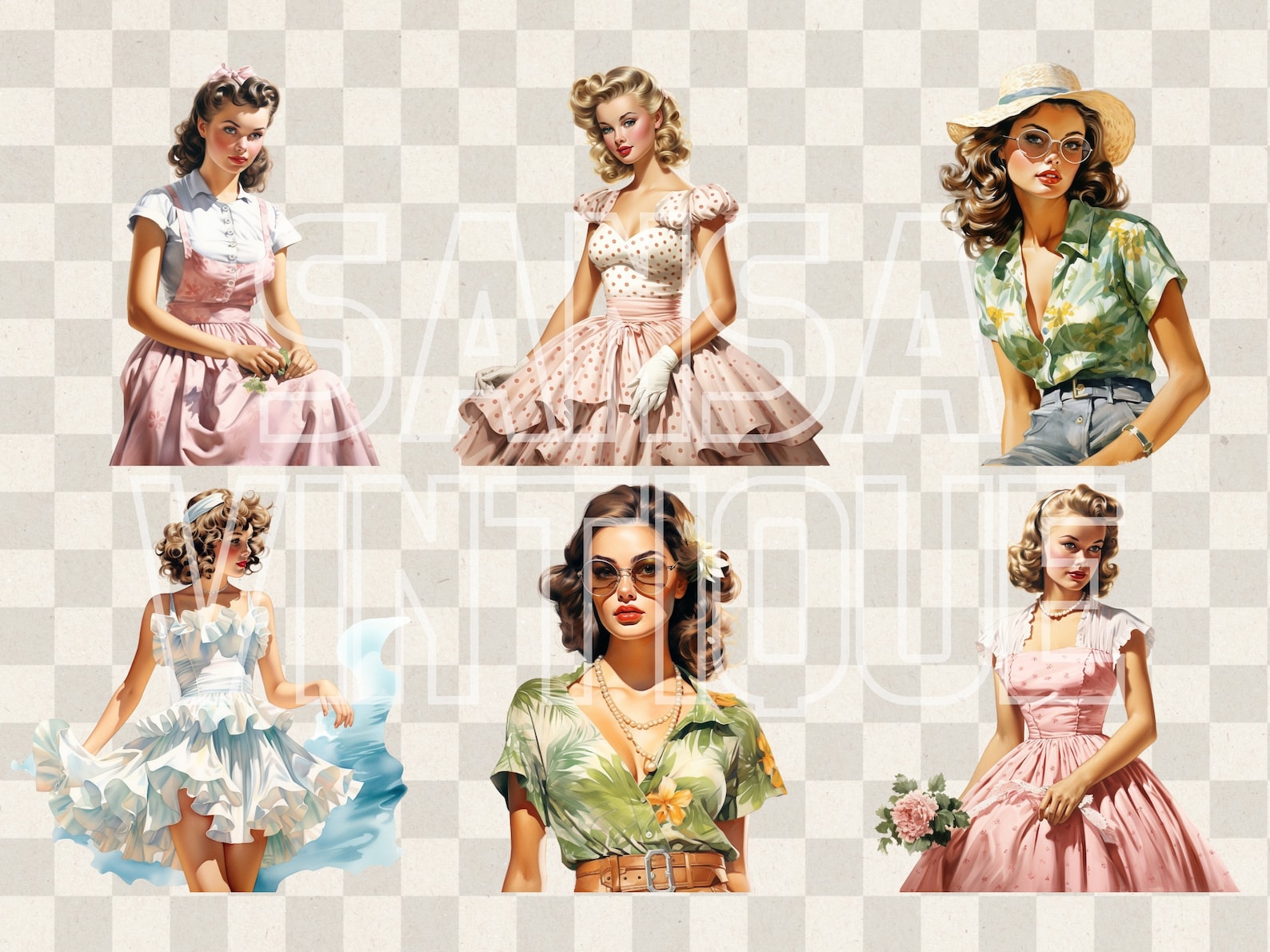 Retro Lady Fashion Watercolor Clipart, Vintage Woman Dress Free ...