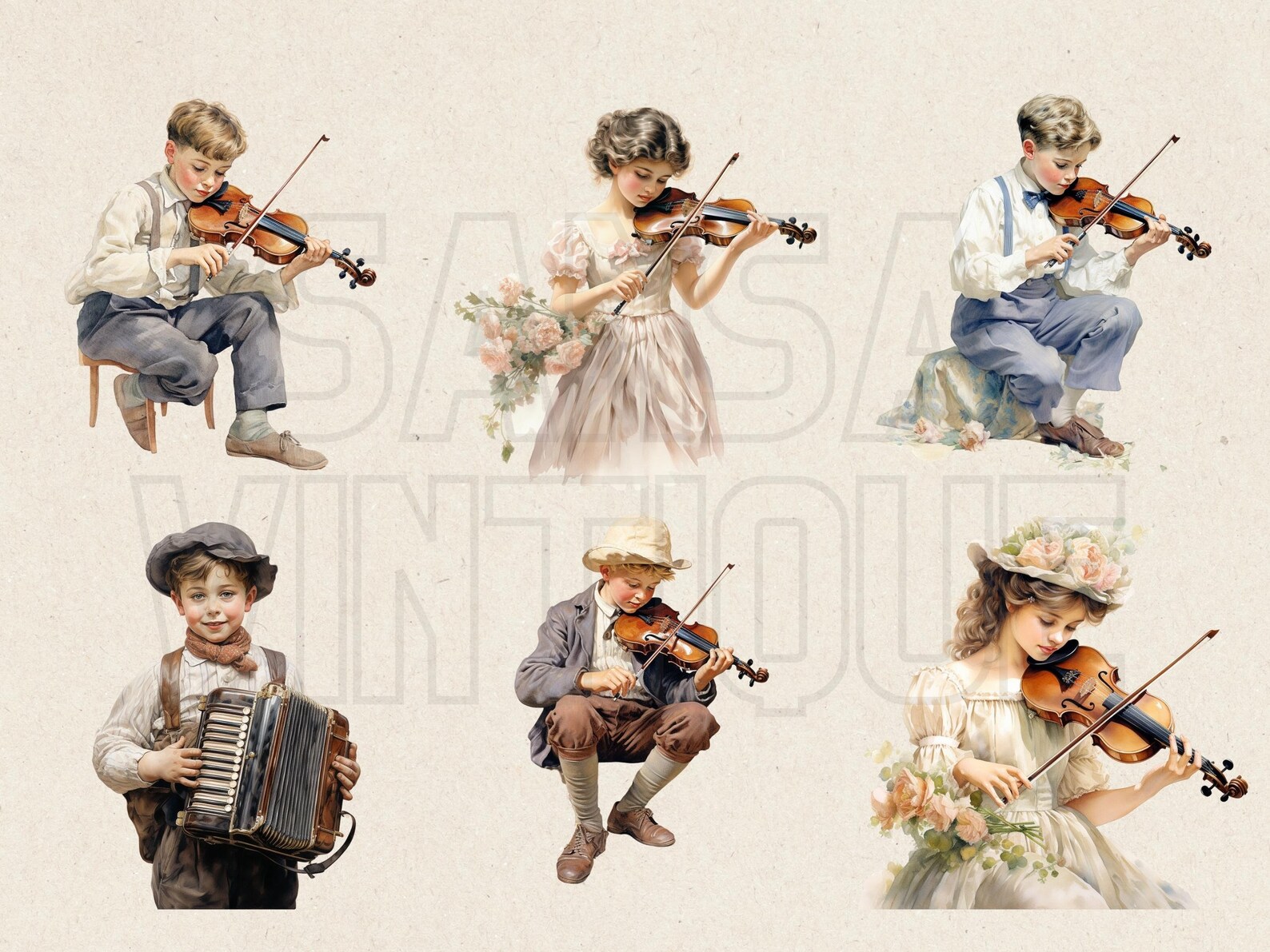 Victorian Kids Playing Musical Instrument Watercolor Clipart, Children ...