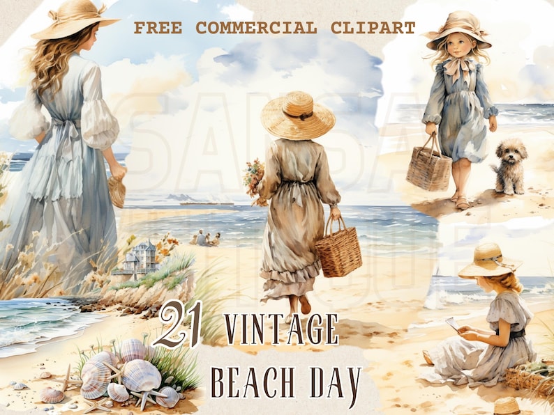 Vintage Beach Scene Watercolor Clipart Bundle, Retro Beach Day Free ...