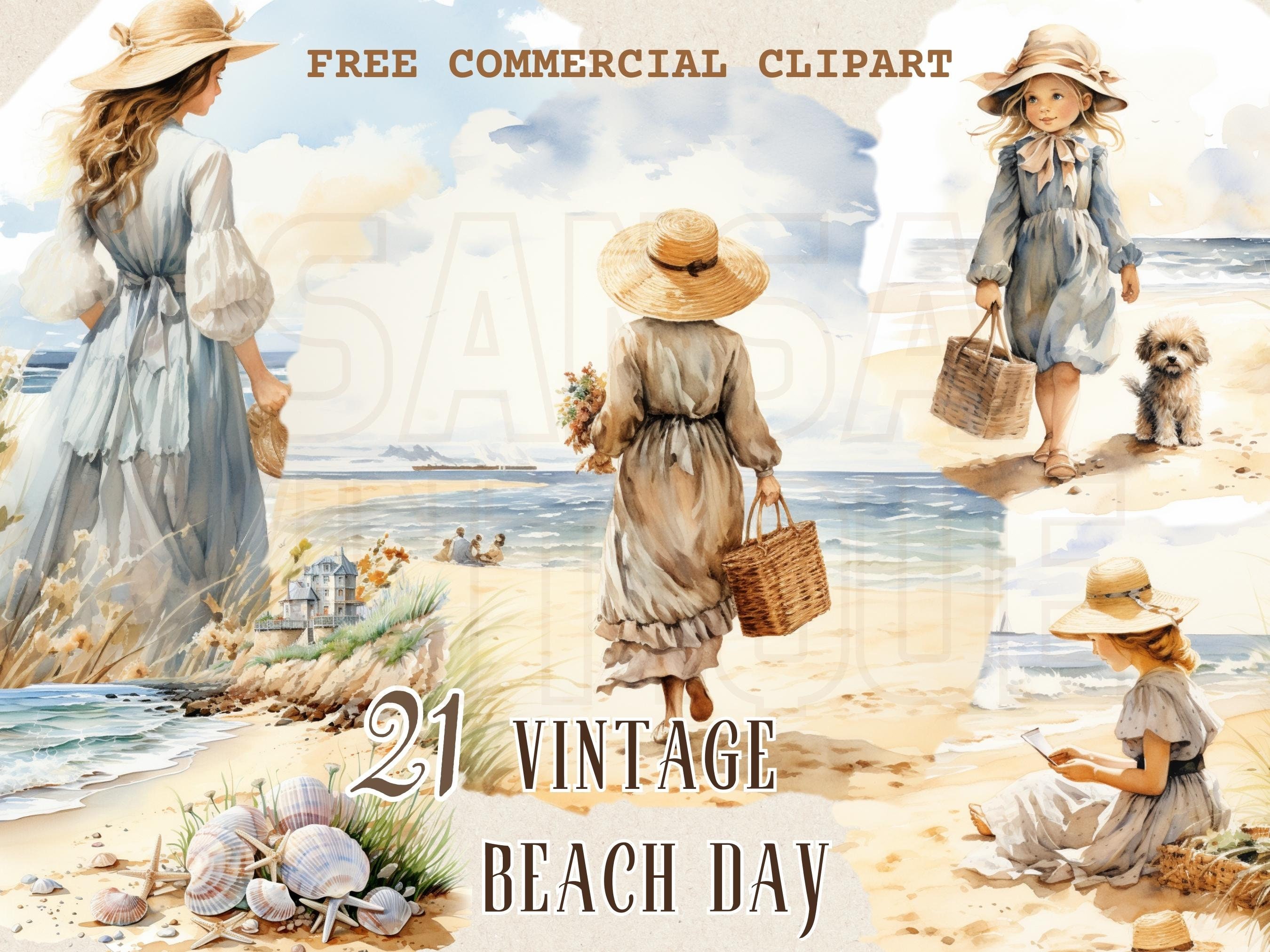 Vintage Beach Scene Watercolor Clipart Bundle, Retro Beach Day Free ...
