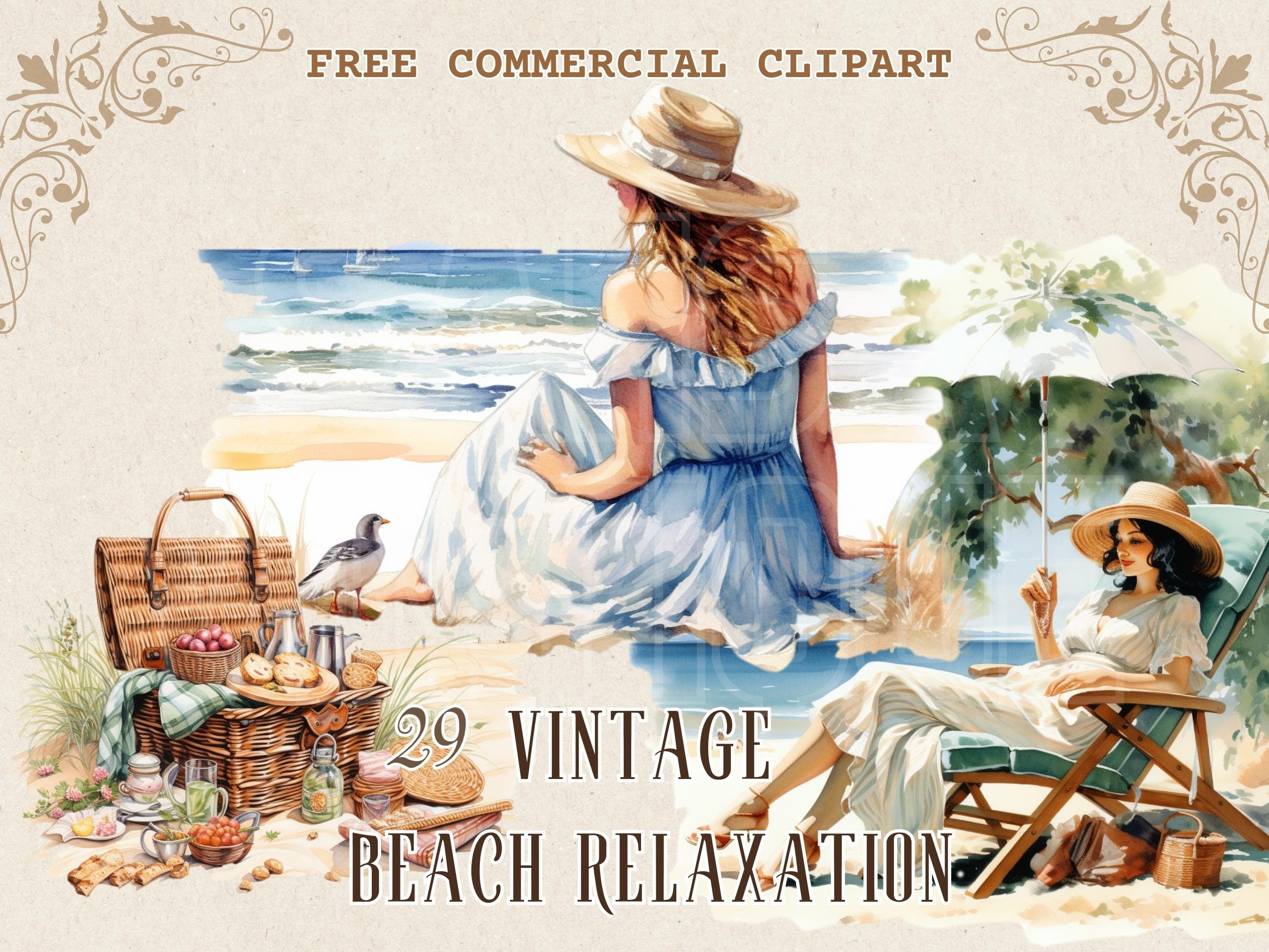 Vintage Beach Scene Watercolor Clipart Bundle, Seaside Relaxation Free ...