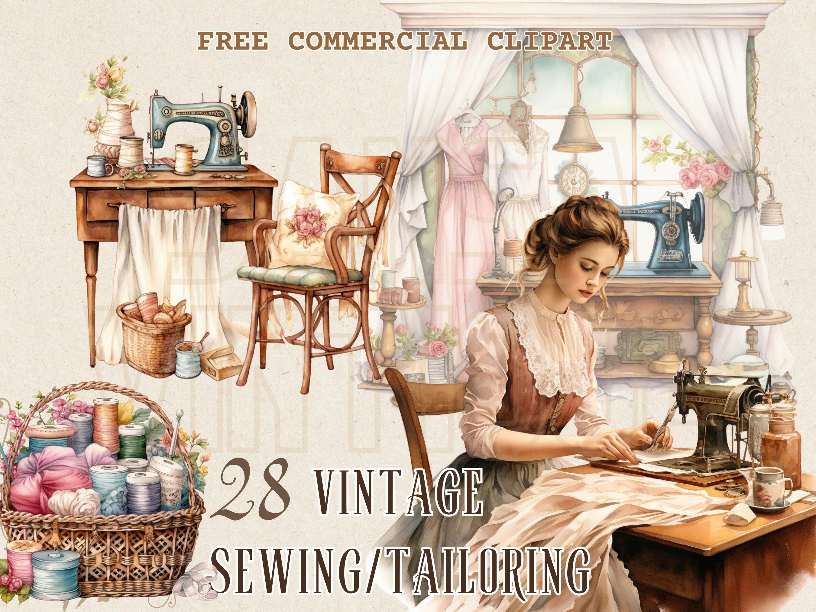 Vintage Sewing Watercolor Clipart, Retro Tailoring Free Commercial PNG ...