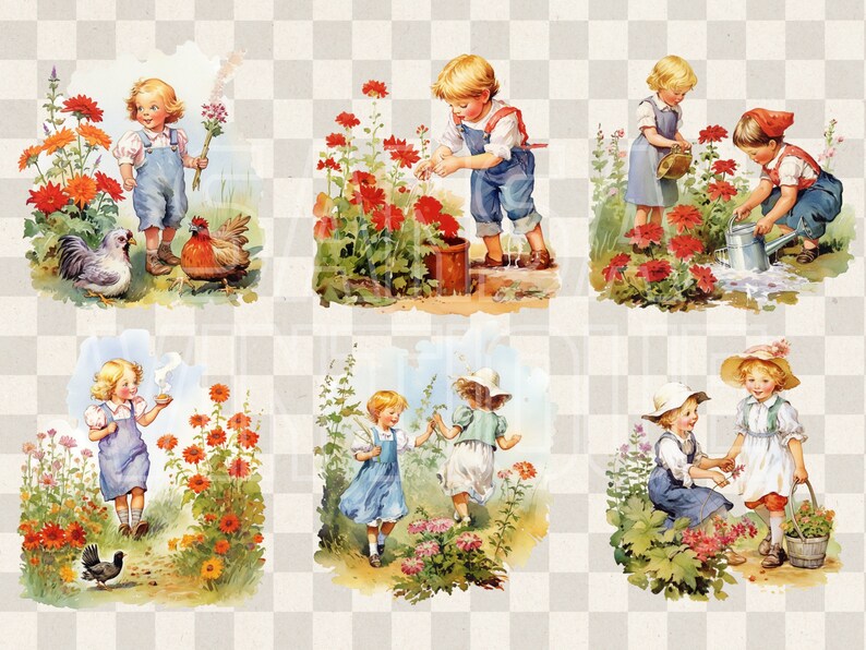Vintage Kids and Flower Watercolor Clipart, Vintage Countryside ...