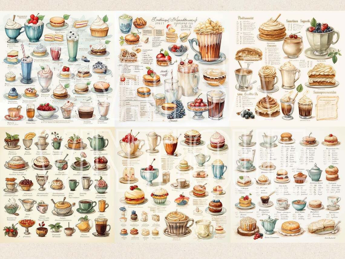 Cafe Menu Watercolor Clipart Set, Retro Coffee Menu Free Commercial ...