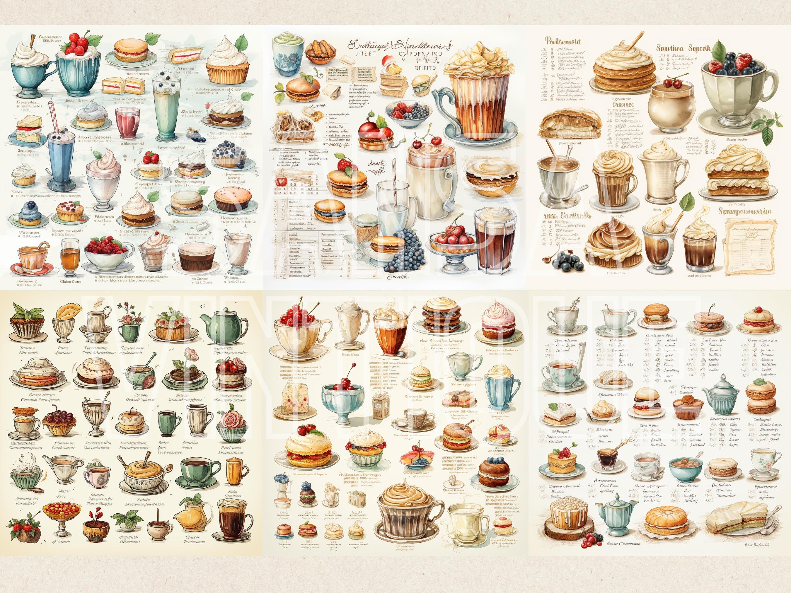 Cafe Menu Watercolor Clipart Set, Retro Coffee Menu Free Commercial ...