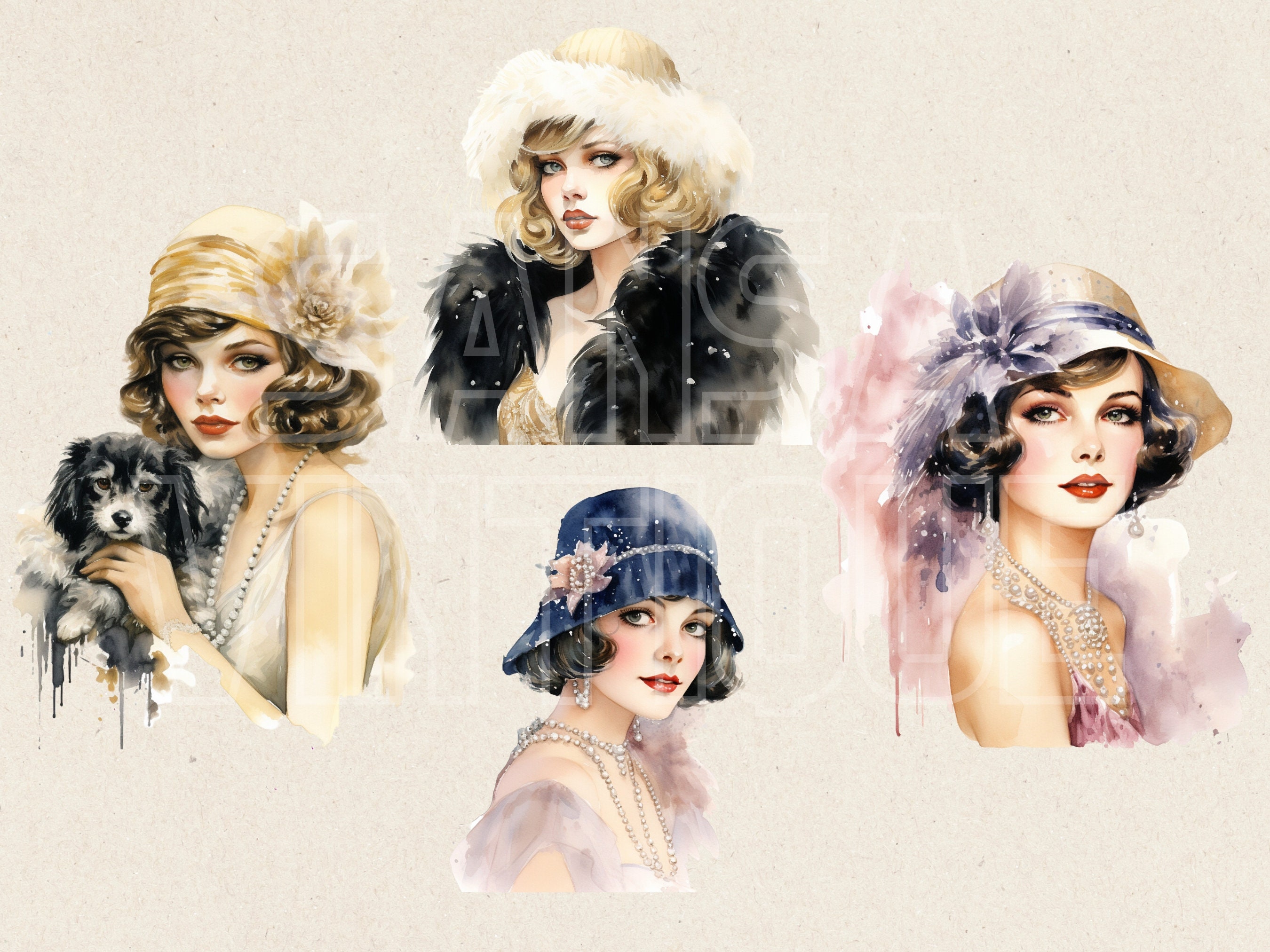 Retro Lady Watercolor Clipart, Gastby Woman Free Commercial PNG Set ...