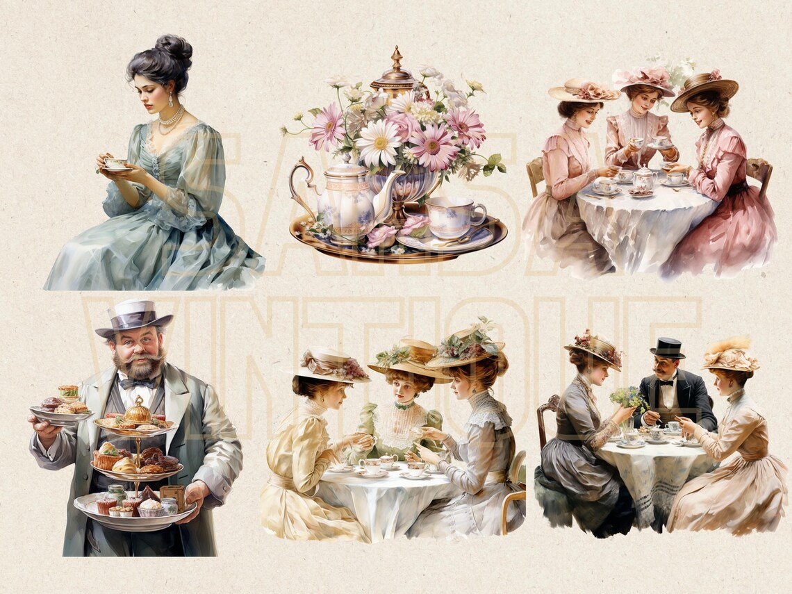 Vintage Tea Party Watercolor Clipart, Retro Tea Set Free Commercial PNG ...