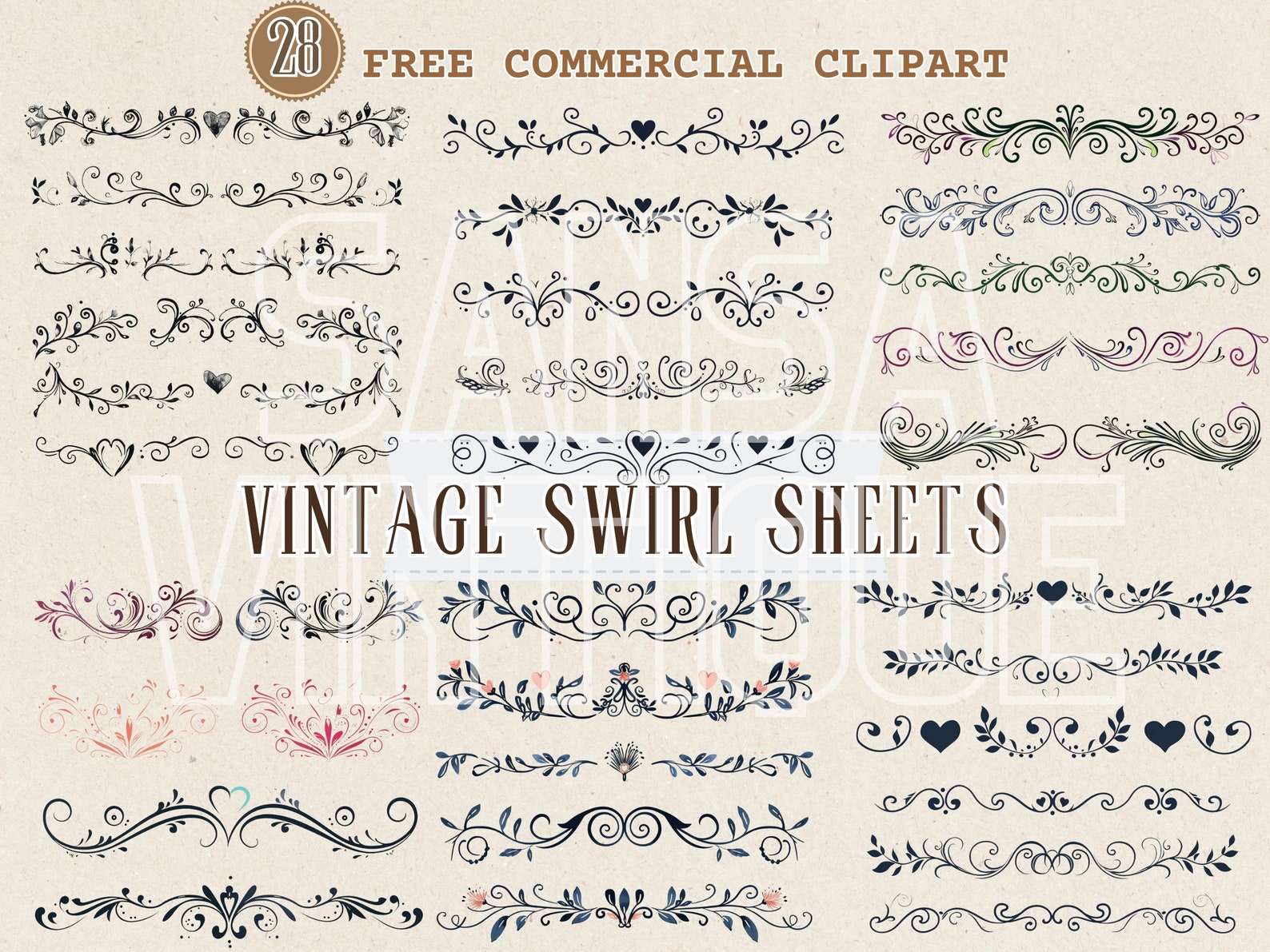 Vintage Swirl Pattern Watercolor Clipart, Swirl Embellishment, Retro ...