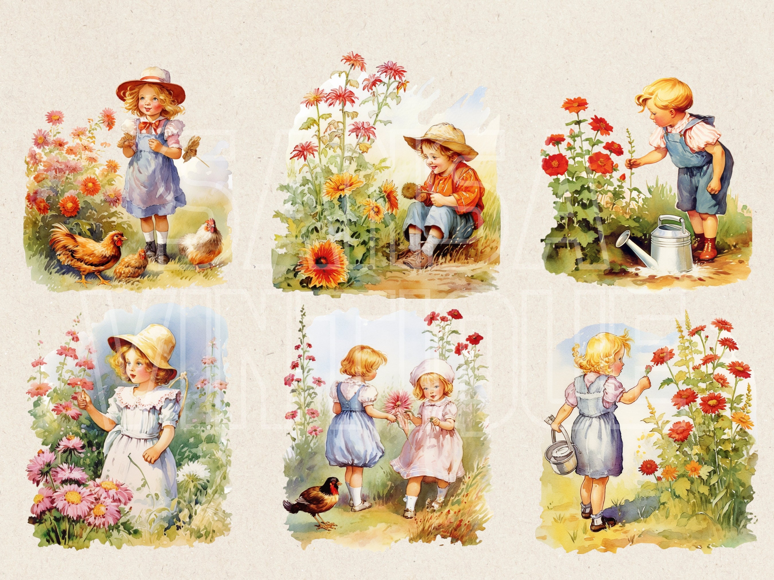 Vintage Kids and Flower Watercolor Clipart, Vintage Countryside ...