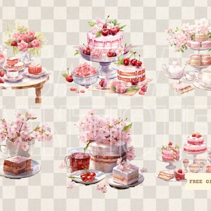Dessert, Strawberry Cake and Tea Watercolor Clipart, Cherry Cake Free ...