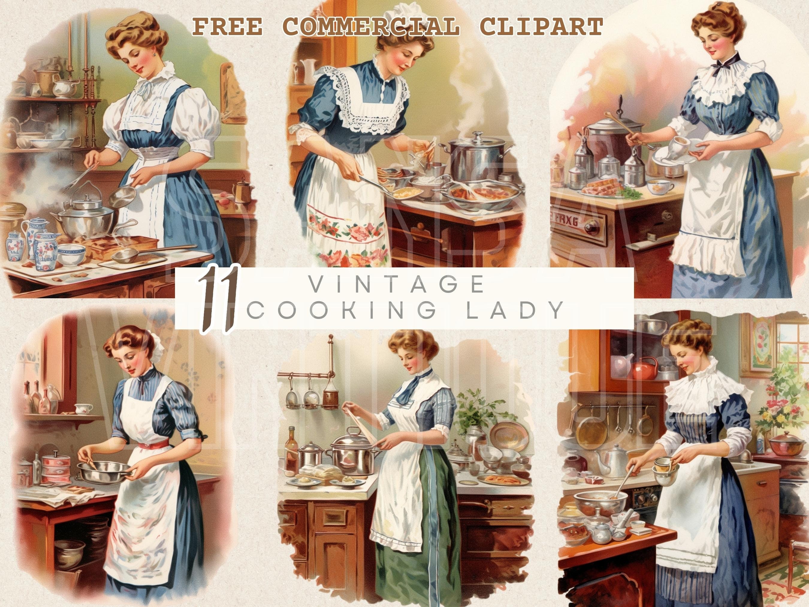 Retro Cooking Lady Watercolor Clipart Vintage Cooking Free Commercial ...
