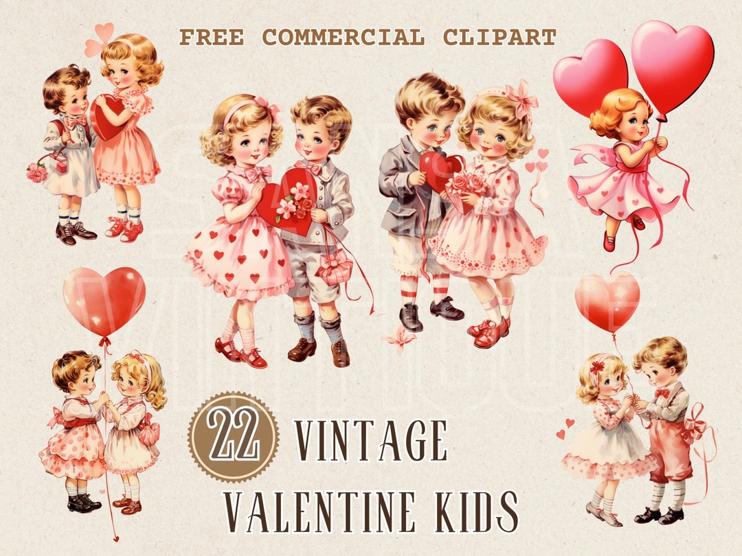 Vintage Valentines Children Watercolor Clipart, Retro Kids and Heart ...